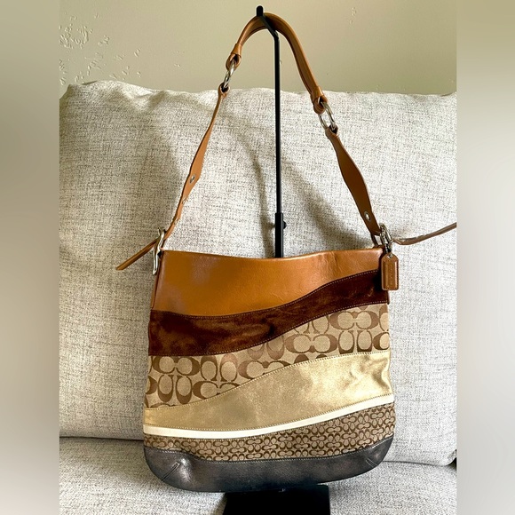Coach | Bags | Coach Monogram Metallic Leather Suede Shoulder Bag Great ...
